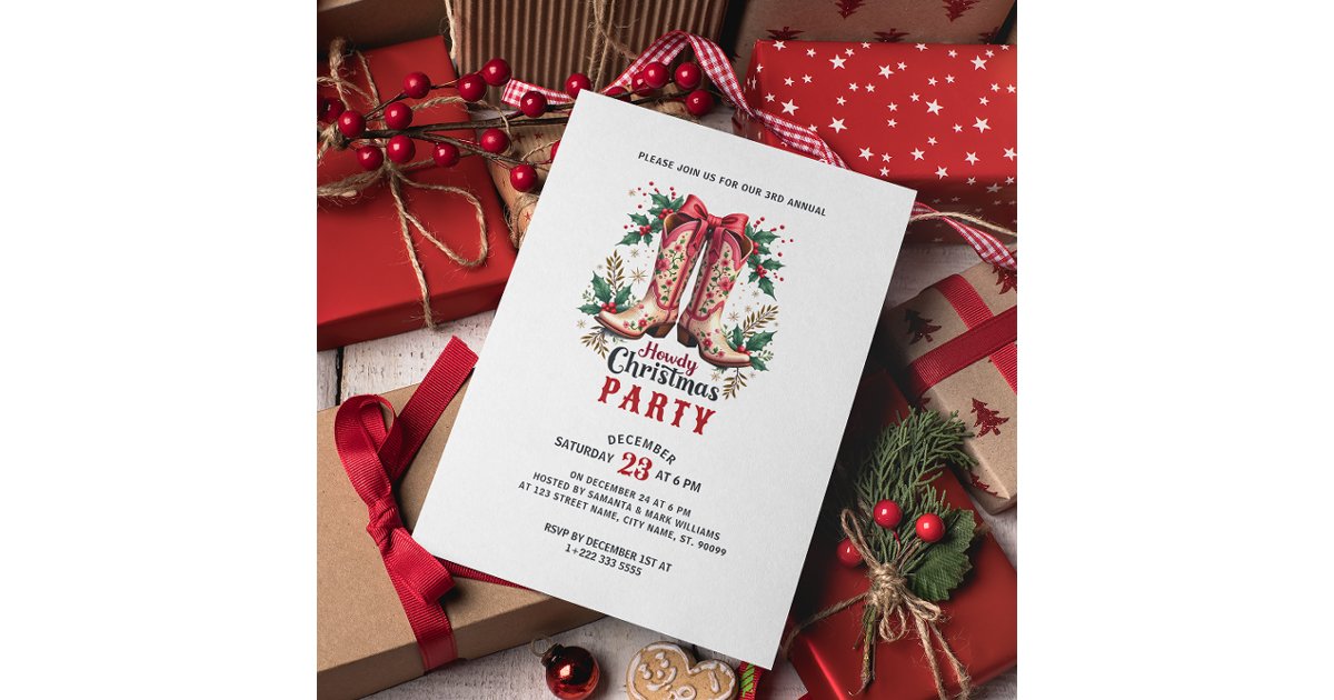 Howdy Christmas Party Cowgirl Christmas Boots Invitation | Zazzle