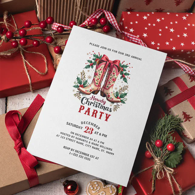 Howdy Christmas Party Cowgirl Christmas Boots Invitation | Zazzle