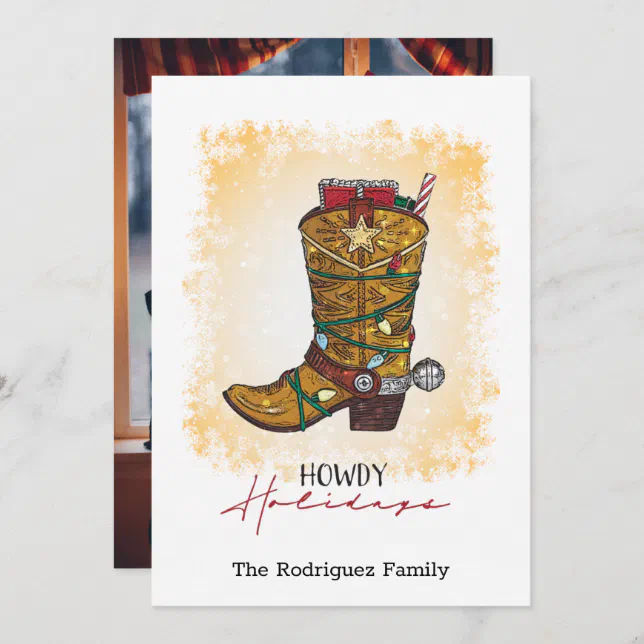 Howdy Holidays Christmas Lights Cowboy Boot Holiday Card | Zazzle