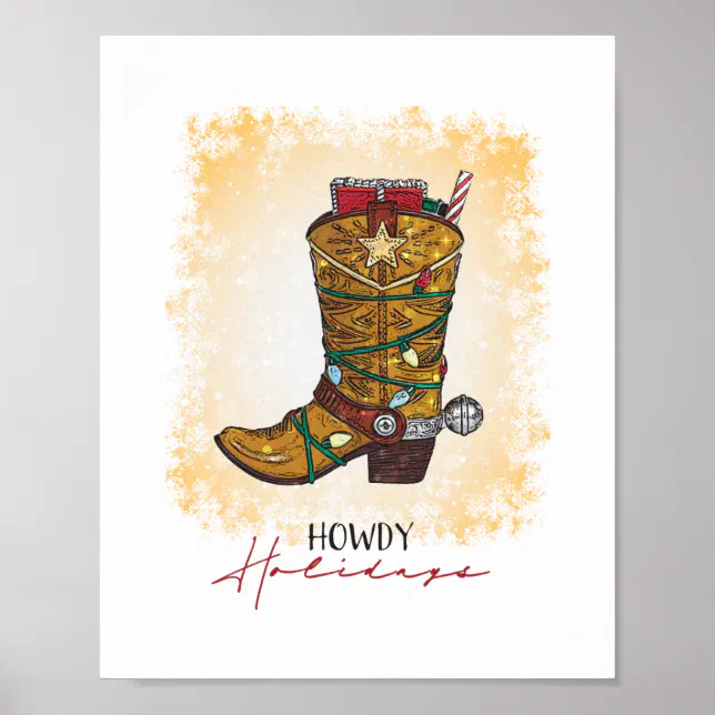 Howdy Holidays Christmas Lights Cowboy Boot Poster | Zazzle