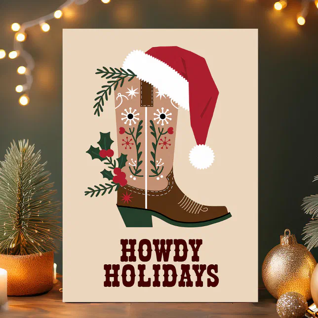 Howdy Holidays Western Cowboy Boot Christmas Holiday Card | Zazzle
