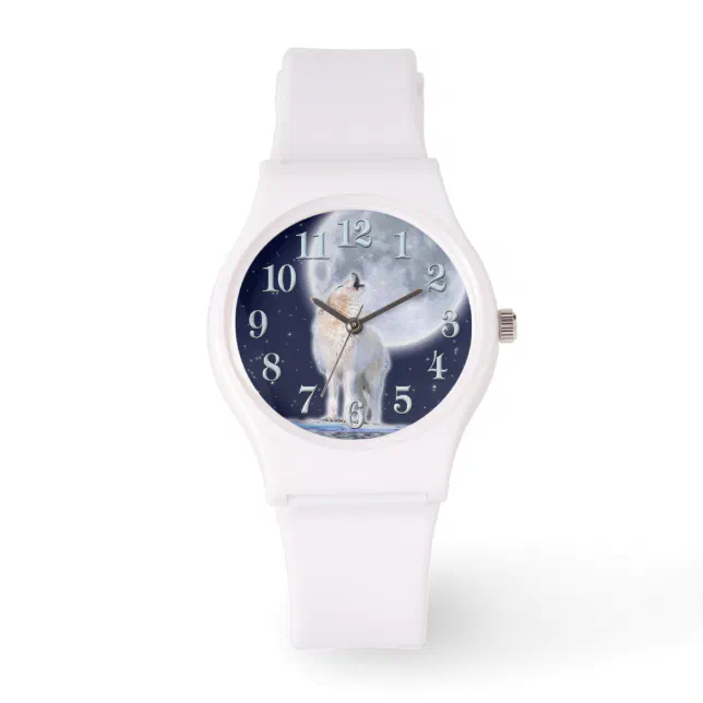 Howling Arctic Wolf & Moon Wildlife Design Watch | Zazzle