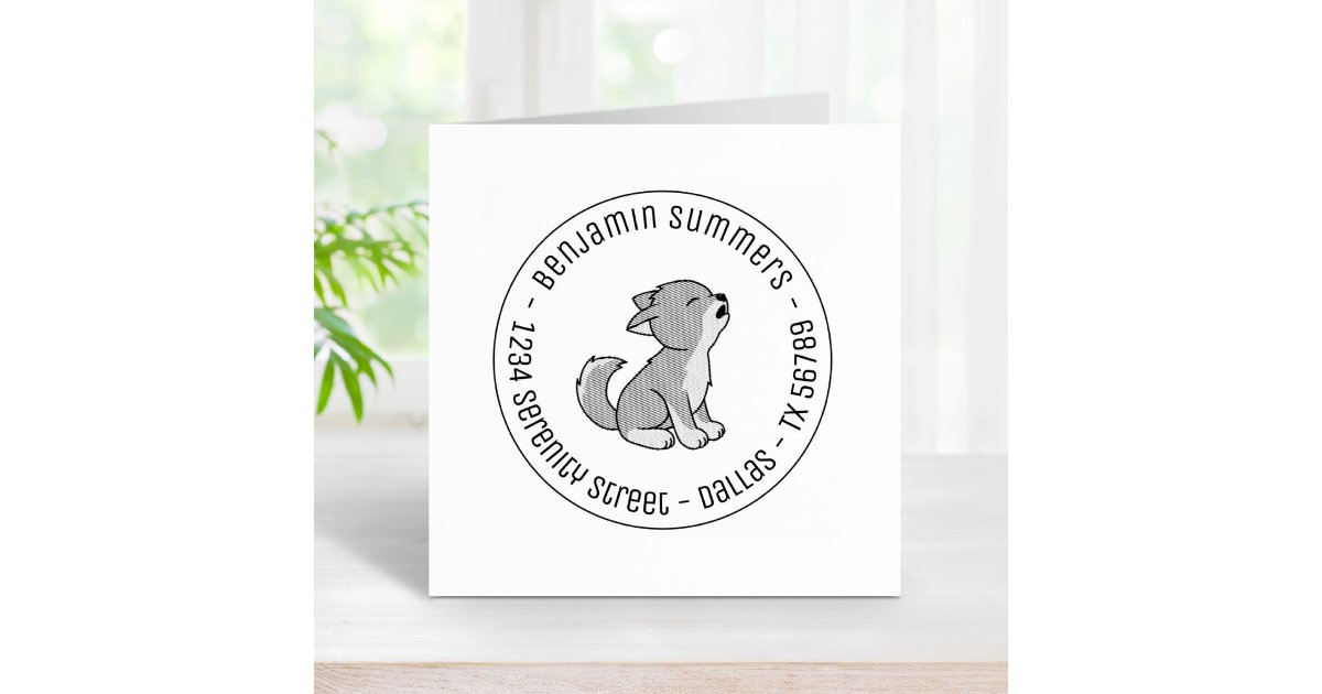 Howling Gray Wolf Pup Round Address Rubber Stamp | Zazzle