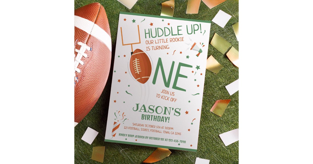 Huddle Up Green Rookie Football 1st Birthday Invitation | Zazzle