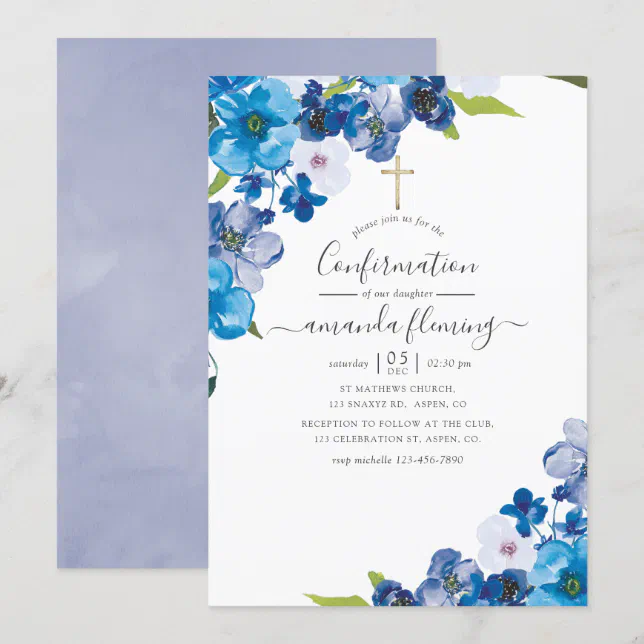 Hues of Blue Floral Confirmation Invitation | Zazzle