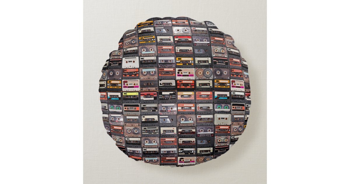 Huge collection of audio cassettes. Retro musical Round Pillow | Zazzle