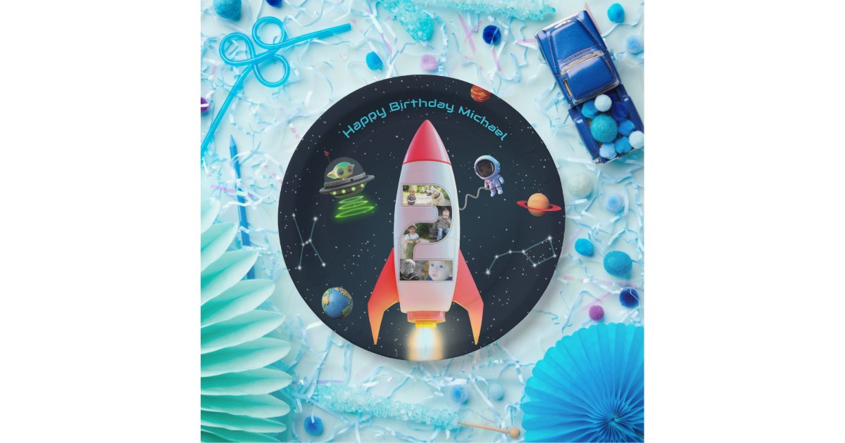 Huge Two Photo Collage | Space Rocket 2nd Birthday Paper Plates | Zazzle