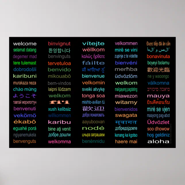 HUGE Welcome in 80 Languages BLACK Poster -5sizes! | Zazzle