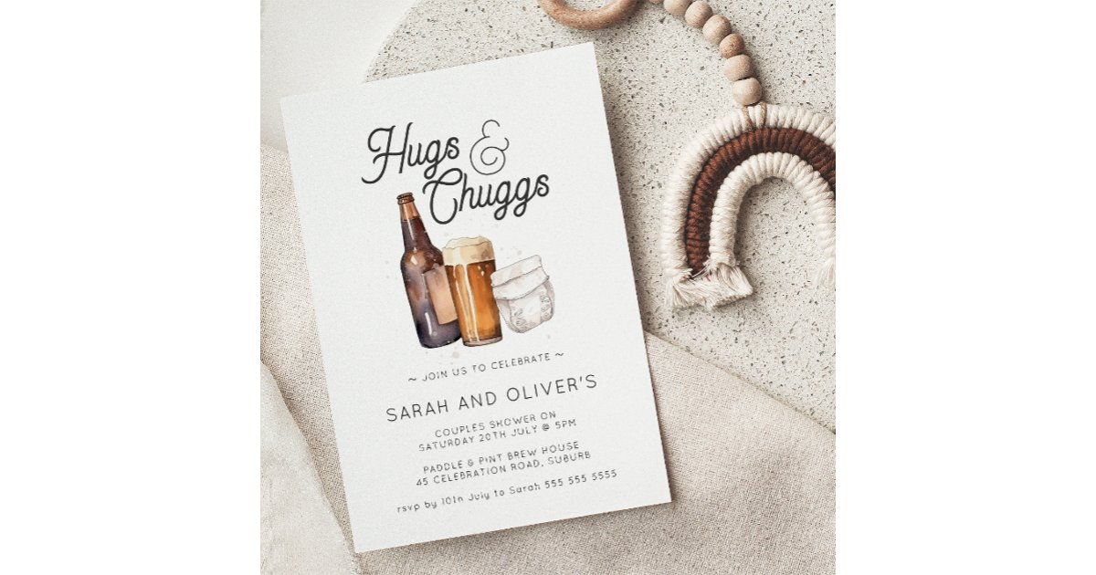 Hugs and Chuggs Beer & Diapers Couples Baby Shower Invitation | Zazzle