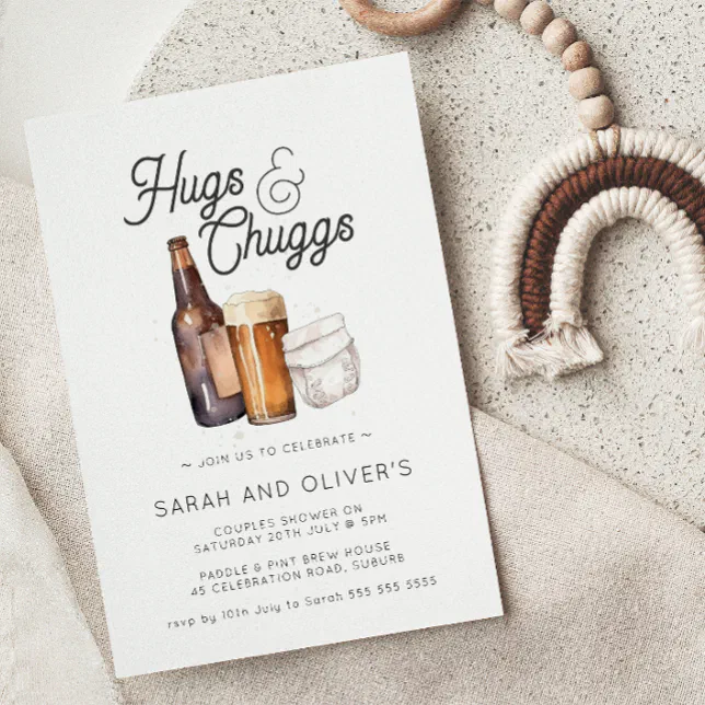 Hugs and Chuggs Beer & Diapers Couples Baby Shower Invitation | Zazzle