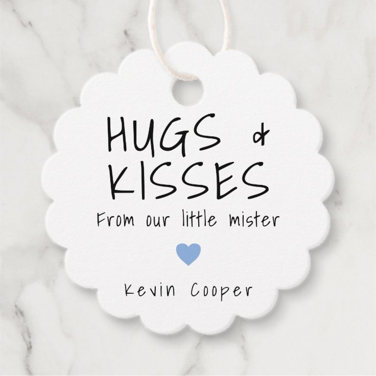 Hugs and Kisses Blue Heart Cute Boy Baby Shower Favor Tags | Zazzle