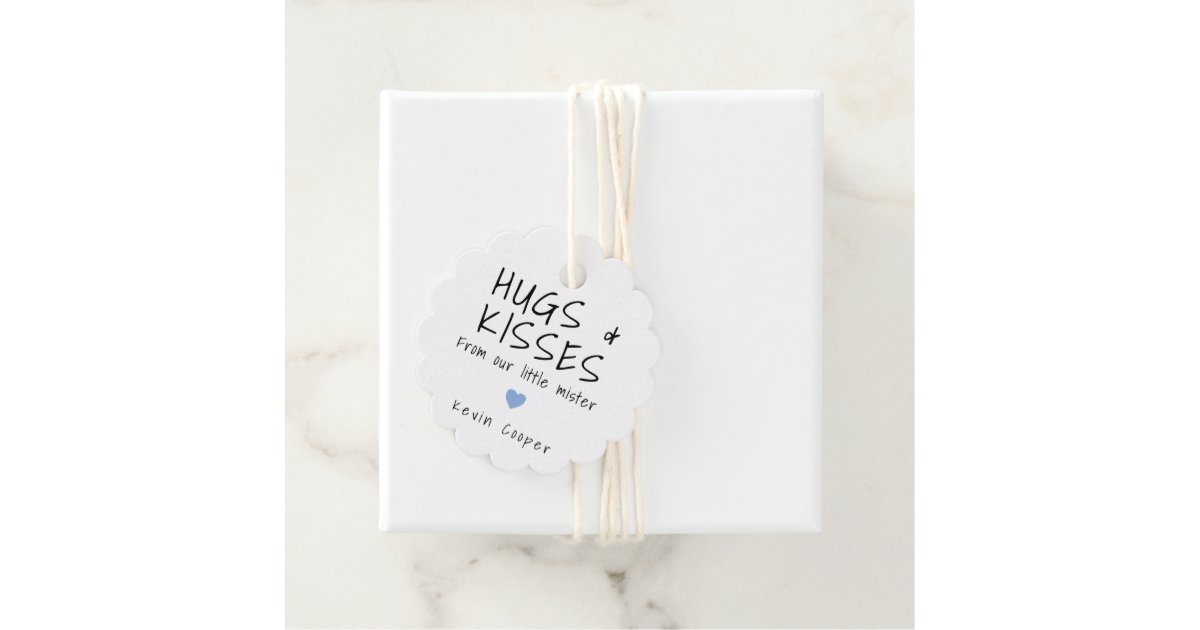 Hugs and Kisses Blue Heart Cute Boy Baby Shower Favor Tags | Zazzle