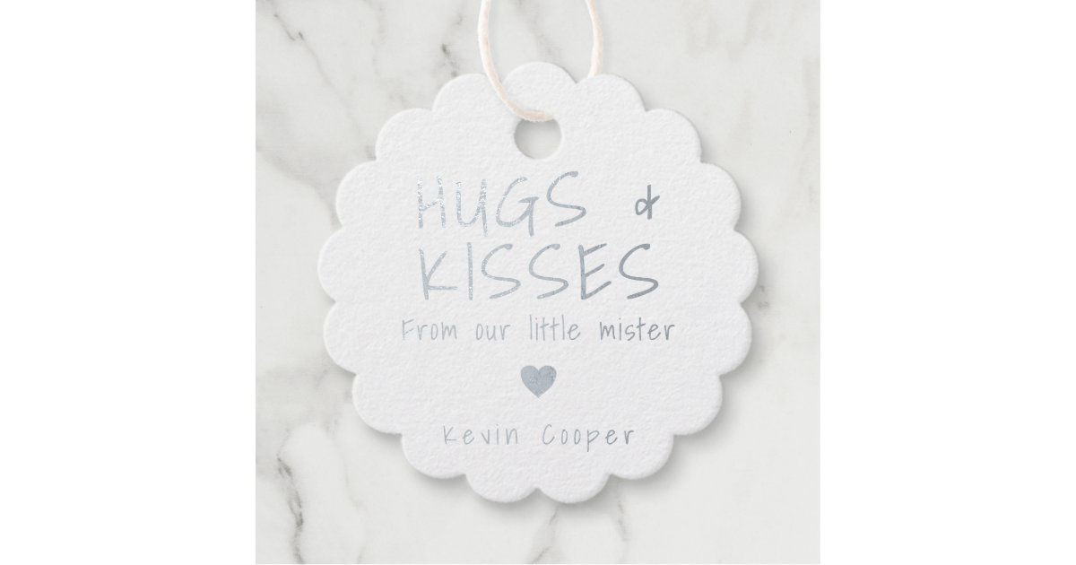Hugs and Kisses Heart Silver Foil Boy Baby Shower Foil Favor Tags | Zazzle