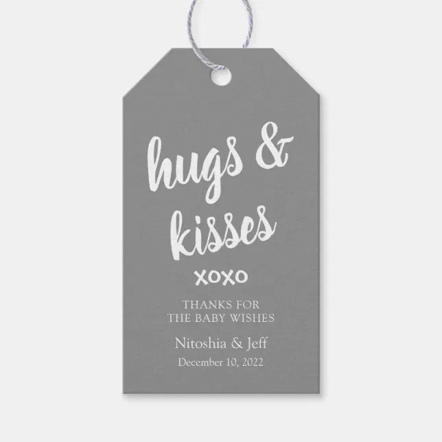 Hugs & Kisses Gray thank you Baby Shower Gift Tags | Zazzle