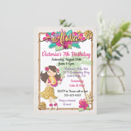 Hula Girl Tropical Pool party Birthday Invitation | Zazzle