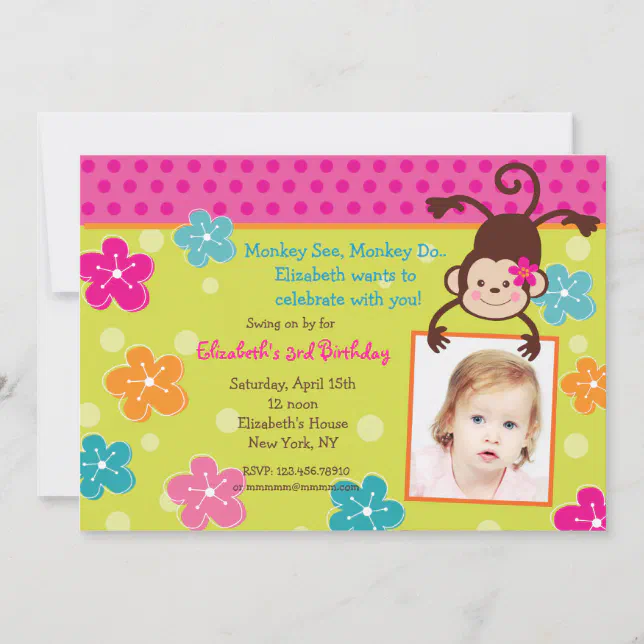 Hula Monkey Luau Photo Birthday Party Invitations | Zazzle