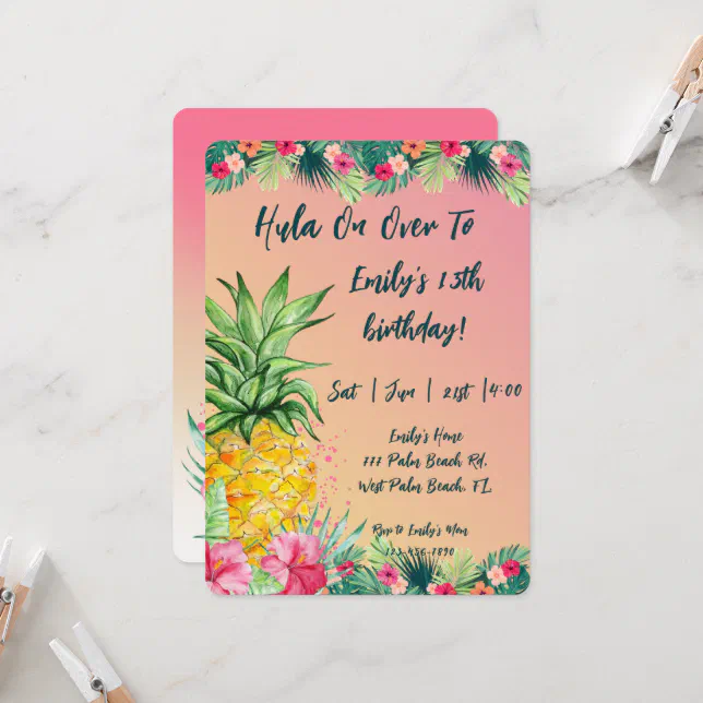 Hula on Over Tropical Sunset Pineapple Birthday Invitation | Zazzle
