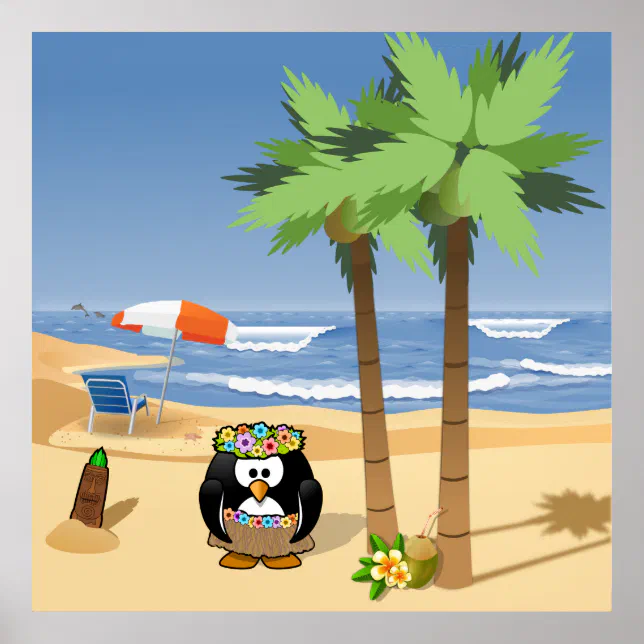 Hula penguin on vacation cartoon illustration poster | Zazzle