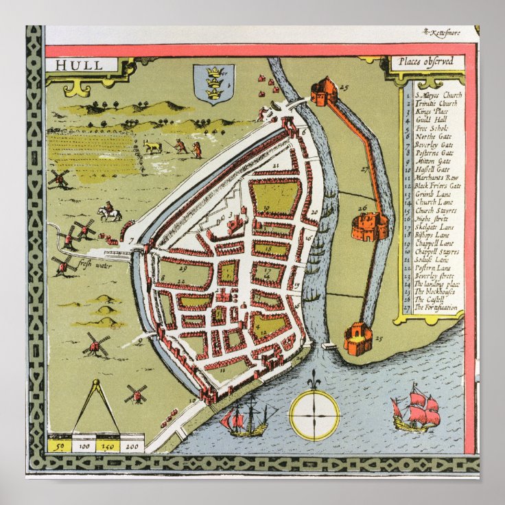 Hull, detail from map of North and East Ridings Poster | Zazzle