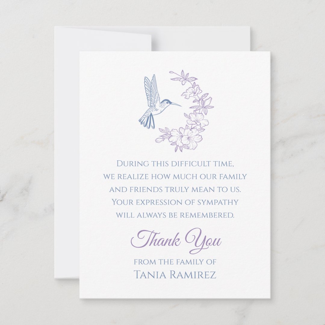 Hummingbird and Flower Sympathy Thank You Card | Zazzle