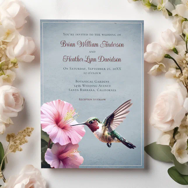 Hummingbird and Hibiscus Wedding | Blue Invitation | Zazzle