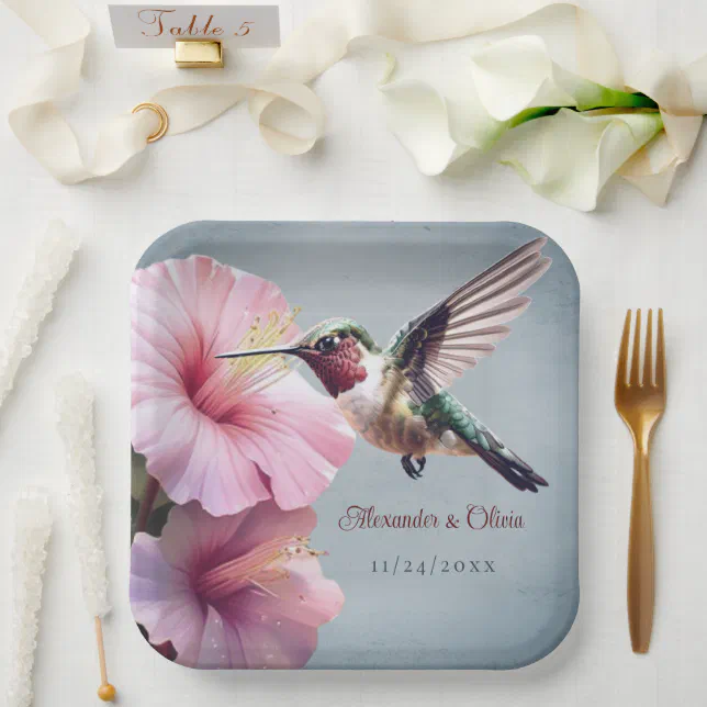 Hummingbird and Hibiscus Wedding | Blue Paper Plates | Zazzle