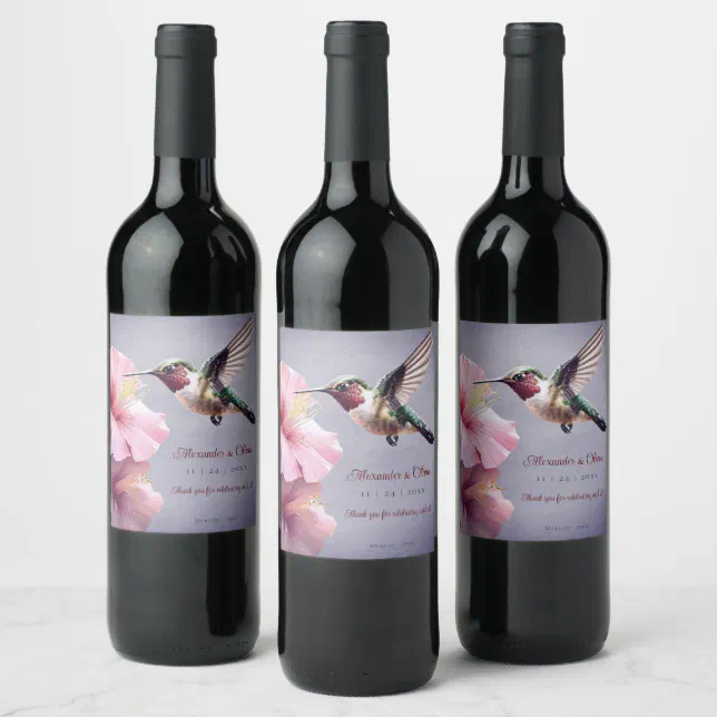 Hummingbird and Hibiscus Wedding | Purple Wine Label | Zazzle