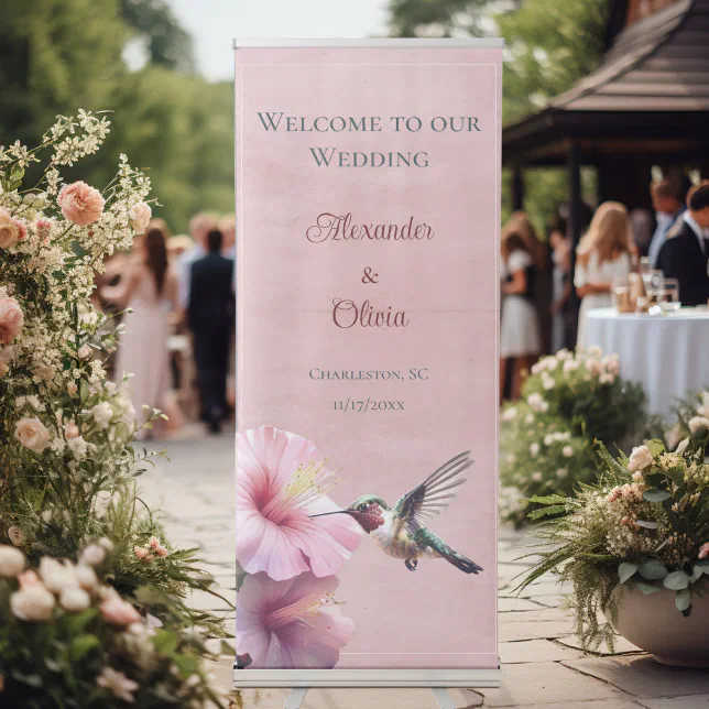 Hummingbird and Hibiscus Wedding Welcome | Pink Retractable Banner | Zazzle