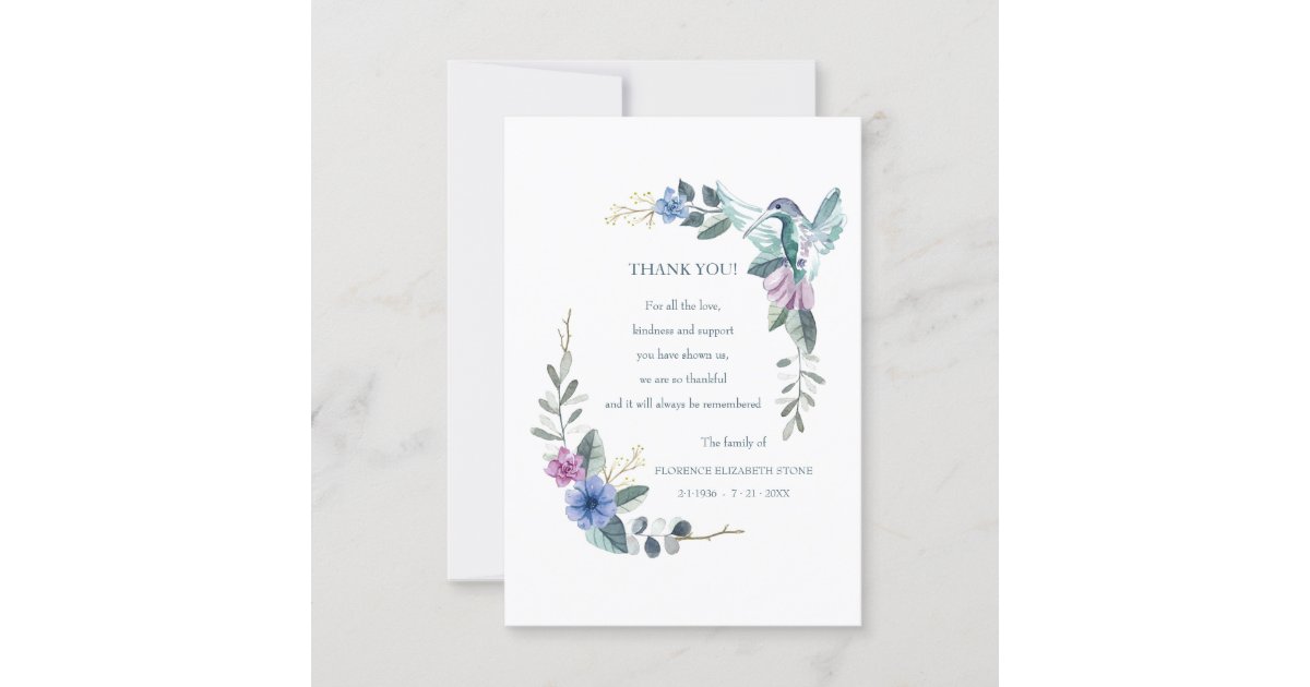 Hummingbird Bereavement Thank You Card | Zazzle