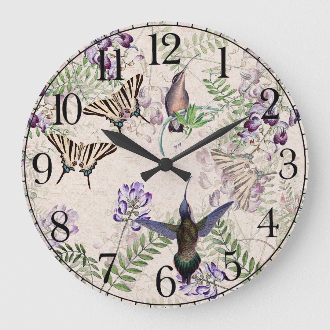 Hummingbird Birds Butterfly Floral Wall Clock | Zazzle