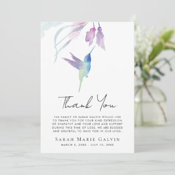 Hummingbird Floral Watercolor Funeral Memorial Thank You Card | Zazzle
