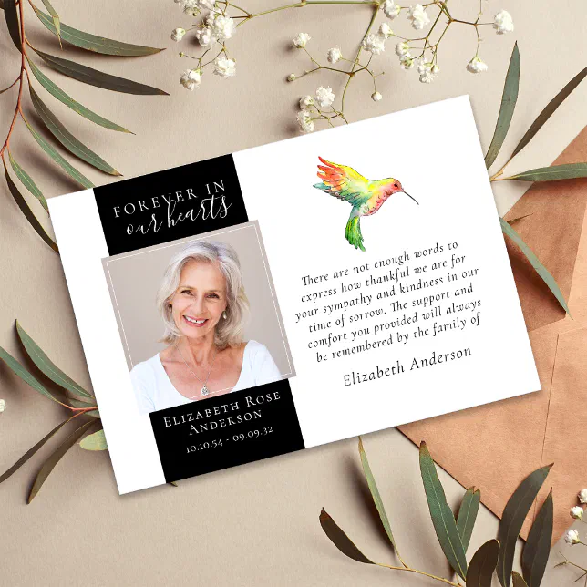 Hummingbird Forever in Our Hearts Photo Funeral Thank You Card | Zazzle