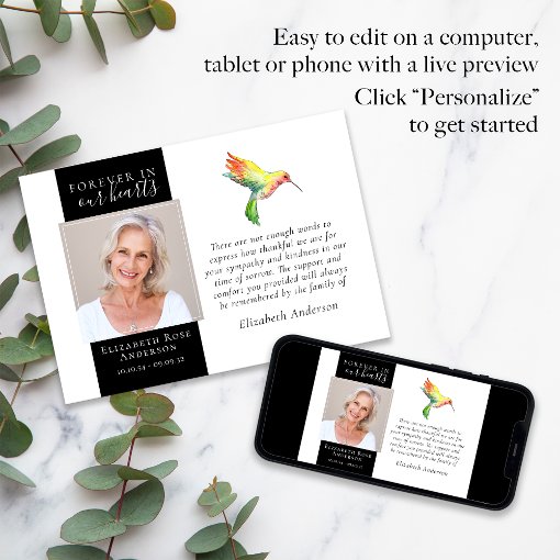 Hummingbird Forever in Our Hearts Photo Funeral Thank You Card | Zazzle