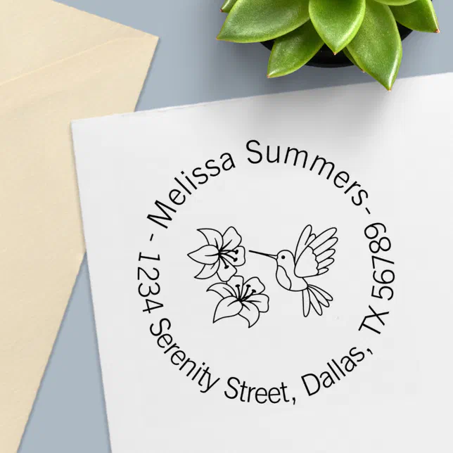 Hummingbird near Flowers Round Address Self-inking Stamp | Zazzle