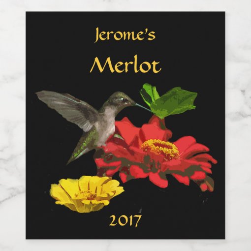 Hummingbird on Garden Flowers Wine Label | Zazzle