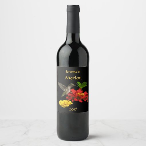 Hummingbird on Garden Flowers Wine Label | Zazzle