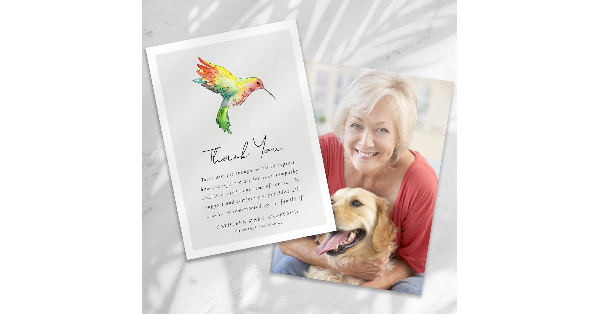 Hummingbird Photo Sympathy Funeral Thank You Card | Zazzle