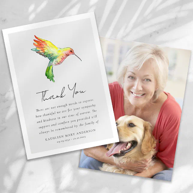 Hummingbird Photo Sympathy Funeral Thank You Card | Zazzle