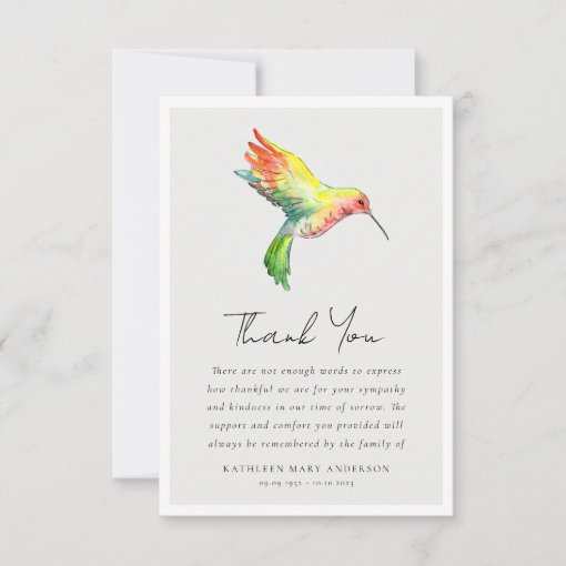 Hummingbird Photo Sympathy Funeral Thank You Card | Zazzle