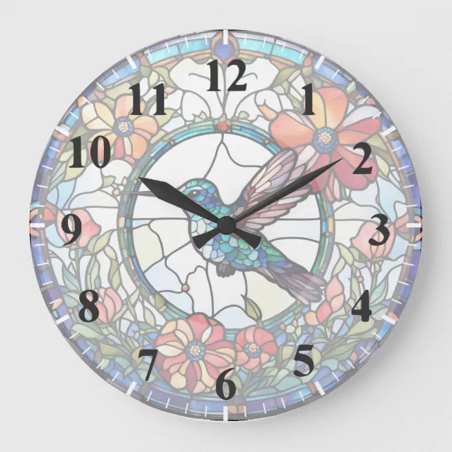 Hummingbird Stained Glass (with numbers) Bird Large Clock | Zazzle