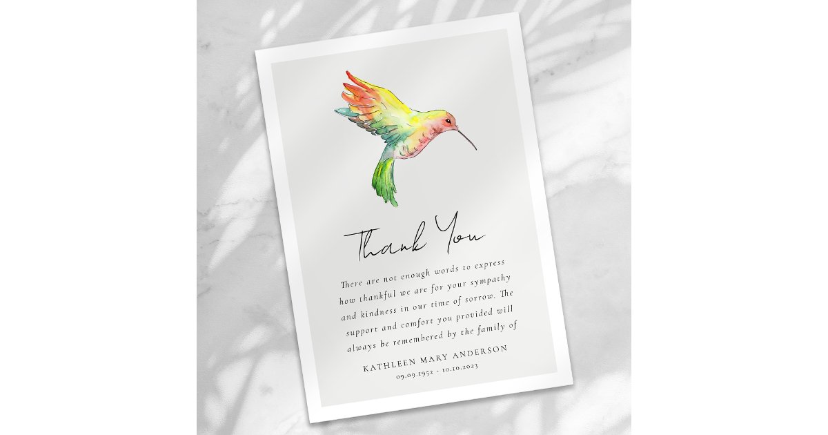 Hummingbird Sympathy Funeral Thank You Card | Zazzle
