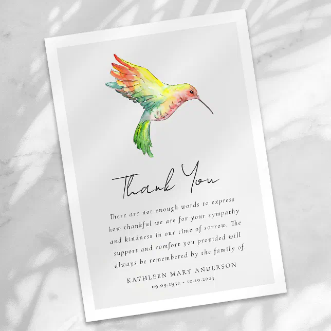 Hummingbird Sympathy Funeral Thank You Card | Zazzle