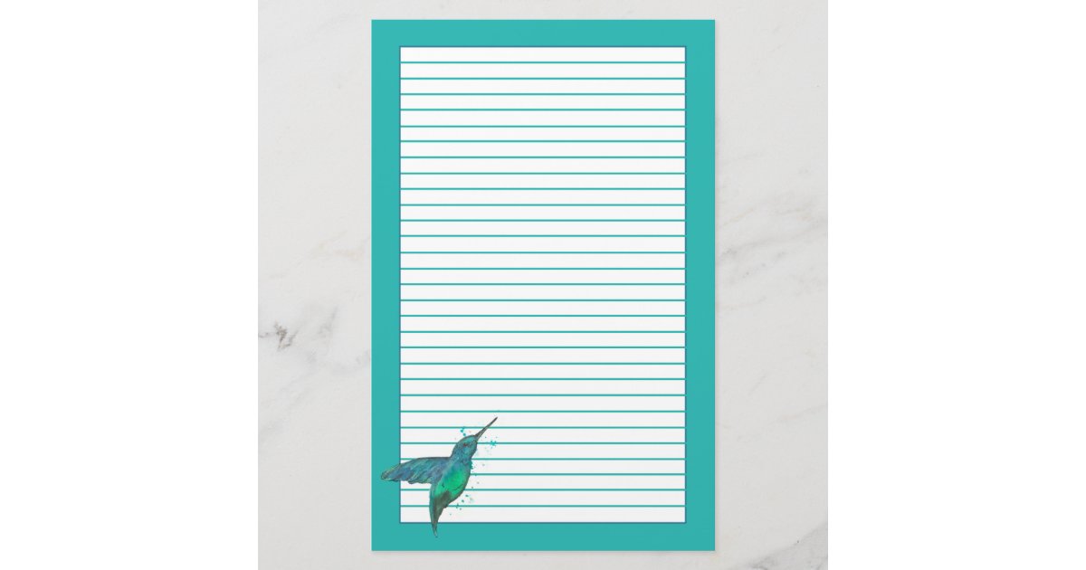 Hummingbird Teal Blue Lined Stationery | Zazzle