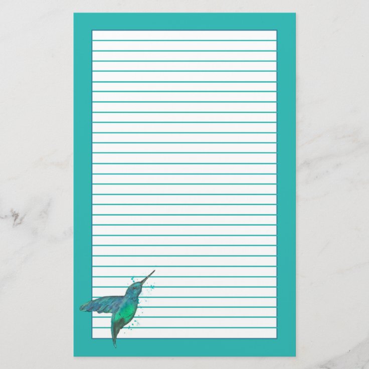Hummingbird Teal Blue Lined Stationery | Zazzle