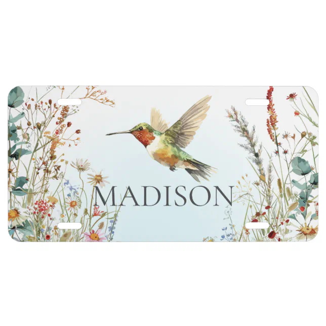 Hummingbird Wildflowers Blue Name License Plate | Zazzle