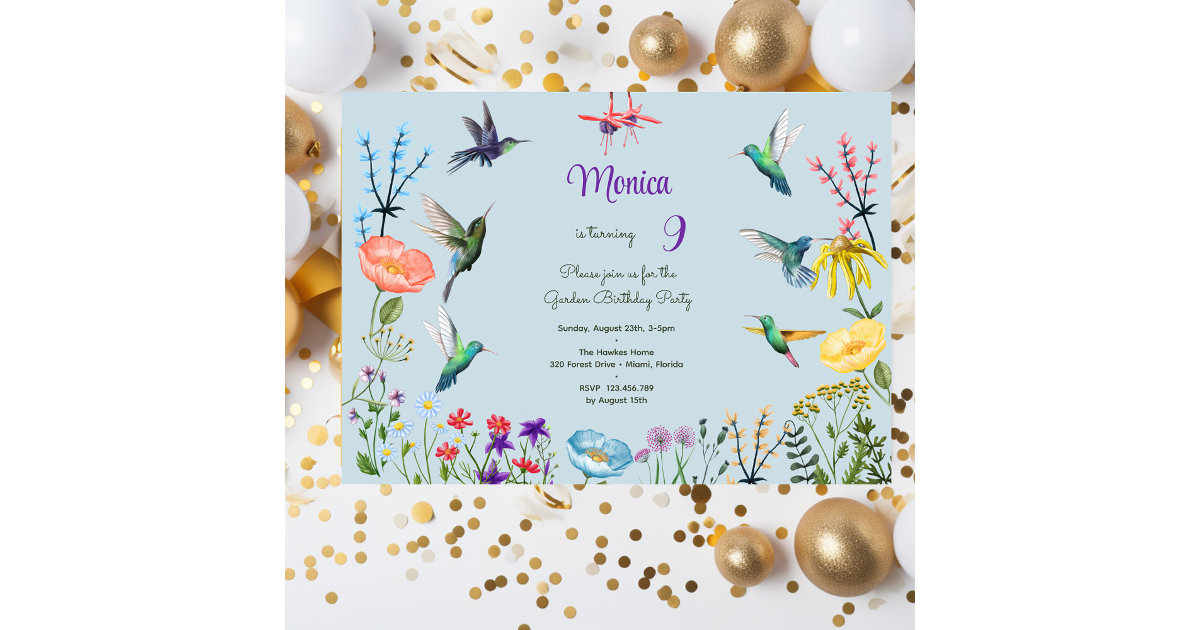 Hummingbirds and Flowery garden birthday party Invitation | Zazzle