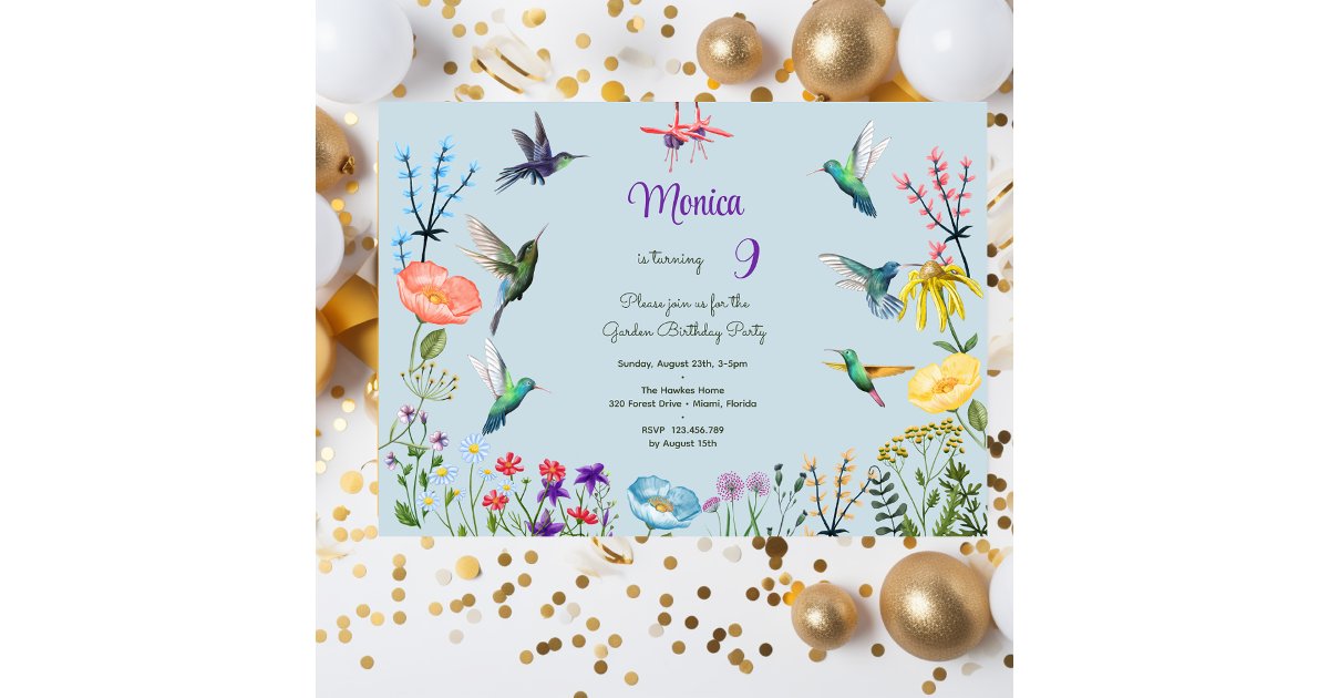 Hummingbirds and Flowery garden birthday party Invitation | Zazzle