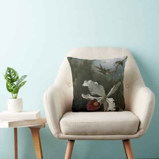Hummingbirds and White Orchid by Martin J. Heade Throw Pillow | Zazzle