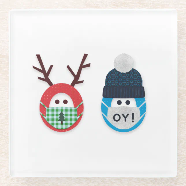 Humorous Masked Holiday Reindeer and Oy! Glass Coaster | Zazzle