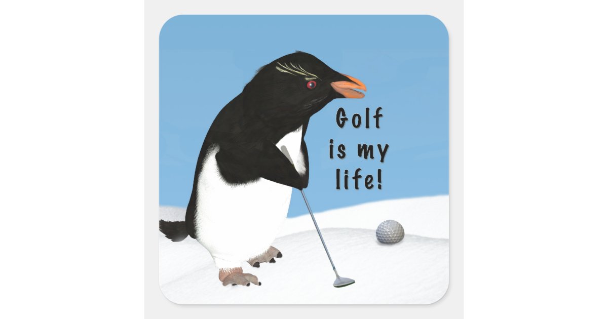 Humorous Penguin Playing Golf Square Sticker | Zazzle